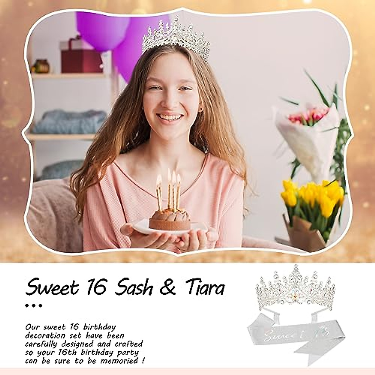 KICOSY Sweet 16 Tiara Sweet 16 Sash and Tiara Set Birthday Tiara Birthday Crowns for Women Sweet 16 Crown Sweet Sixteen Birthday Sash Sweet 16 Birthday Decorations 16th Birthday Decorations for Girls