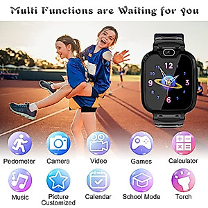 Kids Smart Watch with Camera Games Pedometer Video/Music Player Flashlights Calculator Alarm Clock Children Touch Screen Toy for Boys,Girls Age 4-12(Black)