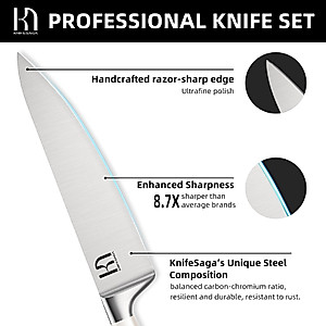 2023 Design KnifeSaga Knife Set, 15 Piece Japanese High Carbon Stainless Steel Knife Sets for Kitchen with Block and Sharpener, Razor Sharp Chef Knives Set with Ergonomic Handle, White