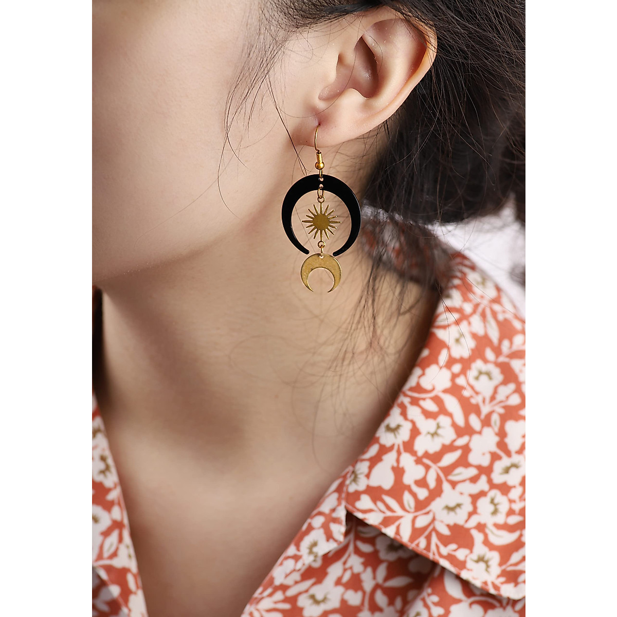 Sacina Gothic Boho Sun and Moon Earrings, Crescent Moon Star Pendant, Celestial Earrings, Goth Jewelry Gift for Women (Black Moon Sun)