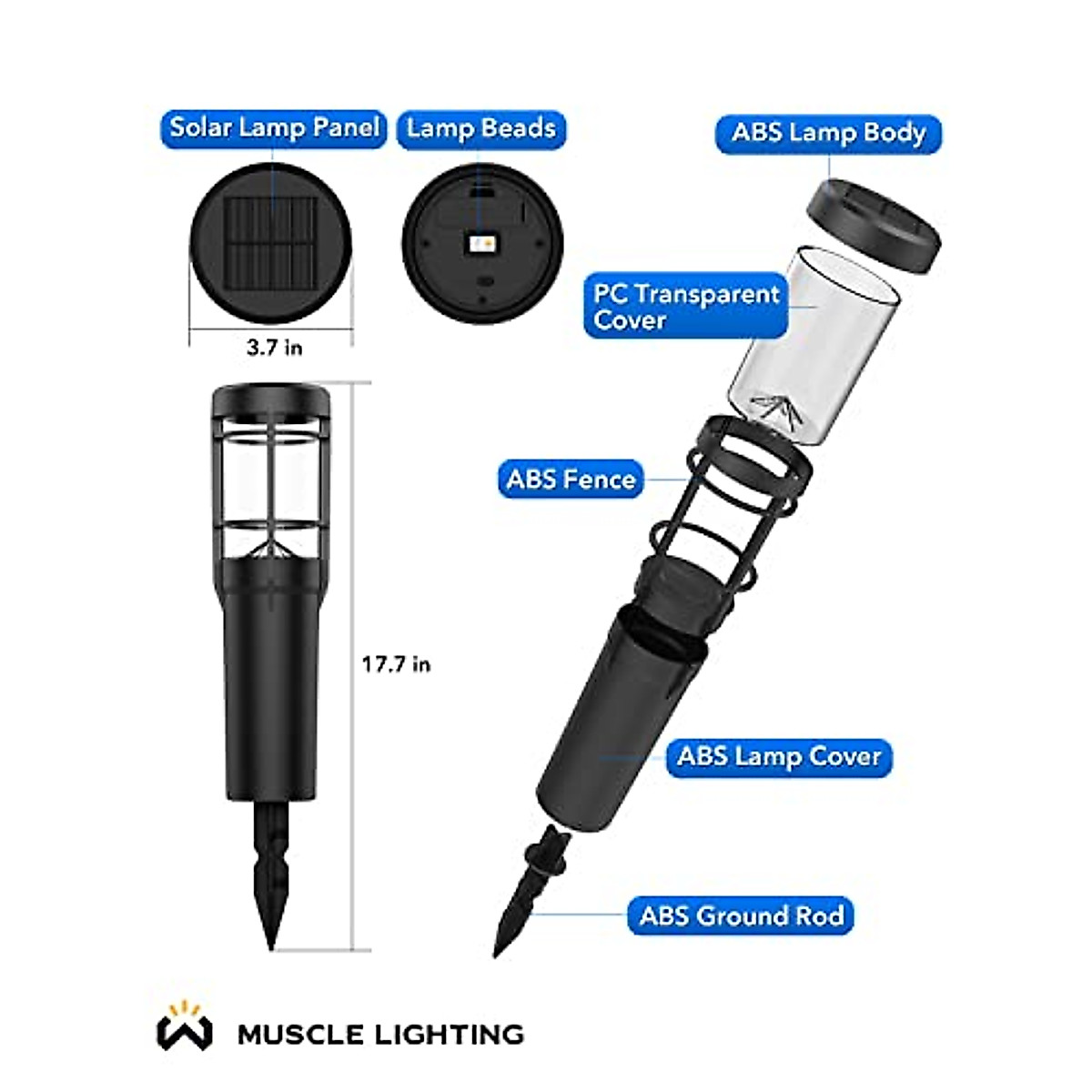 MUSCLE LIGHTING Solar Pathway Lights Bollard, 7 Color Changing/Warm White Landscape Path Light, Outdoor Waterproof Garden Light for Patio, Yard, Driveway, Pack of 6