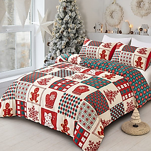 Dobuyly Christmas Duvet Cover Set Twin Cute Christmas Tree Snowflake Bell Pattern Patchwork Bedding Set for Kids Teens Reversible Red Green Plaid Xmas Comforter Cover with 1 Pillowcase