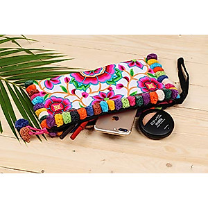 changnoi Handmade Clutch Bag with Hmong Tribes Embroidery (Silkworm White, Multi Pom)