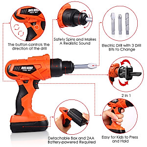 iBaseToy Kids Tool Set - 45 PCS Toddler Tool Set with Tool Box & Electronic Toy Drill, Pretend Play Kids Construction Toy Set, Toy Tools for Kids Ages 3, 4, 5, 6, 7 Years Old, Boy Toys