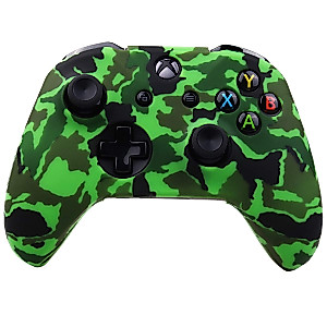 YoRHa Water Transfer Printing Camouflage Silicone Cover Skin Case for Microsoft Xbox One X & Xbox One S Controller x 2(Green&Dark Pink) with PRO Thumb Grips x 8