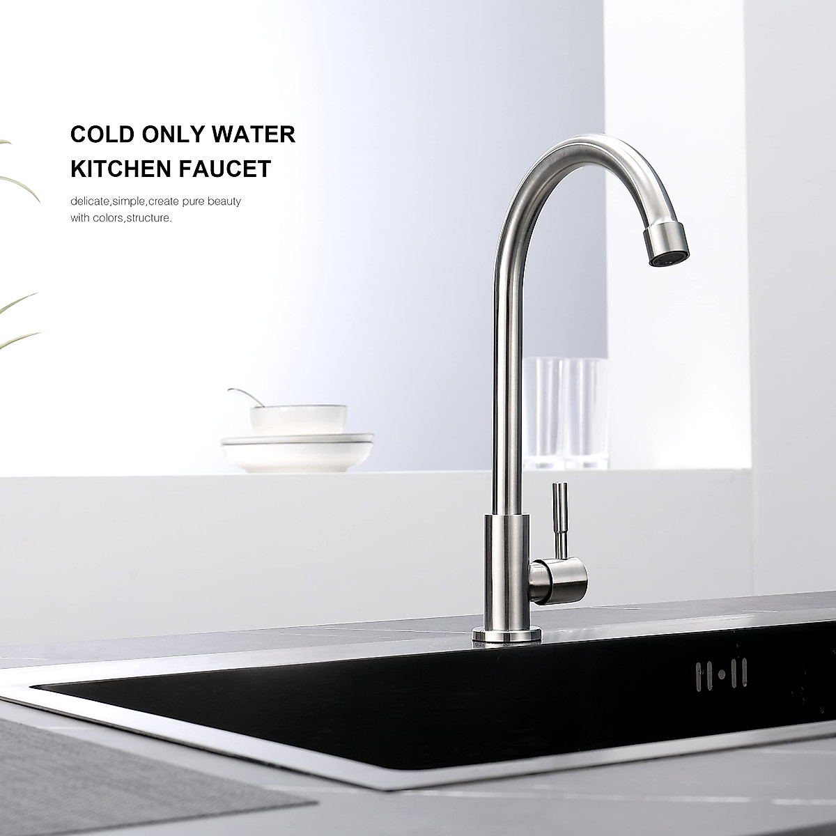 KirlystonE Cold Water Only Kitchen Faucet, Solid Stainless Steel Bar Deck Mount Cold Faucet for Outdoor Sink with Supply Line