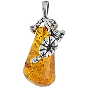 1 3/16 inch Long Sterling Silver Baltic Amber Teardrop Pendant for Women Trumpet Flower Design Cap No Chain Included