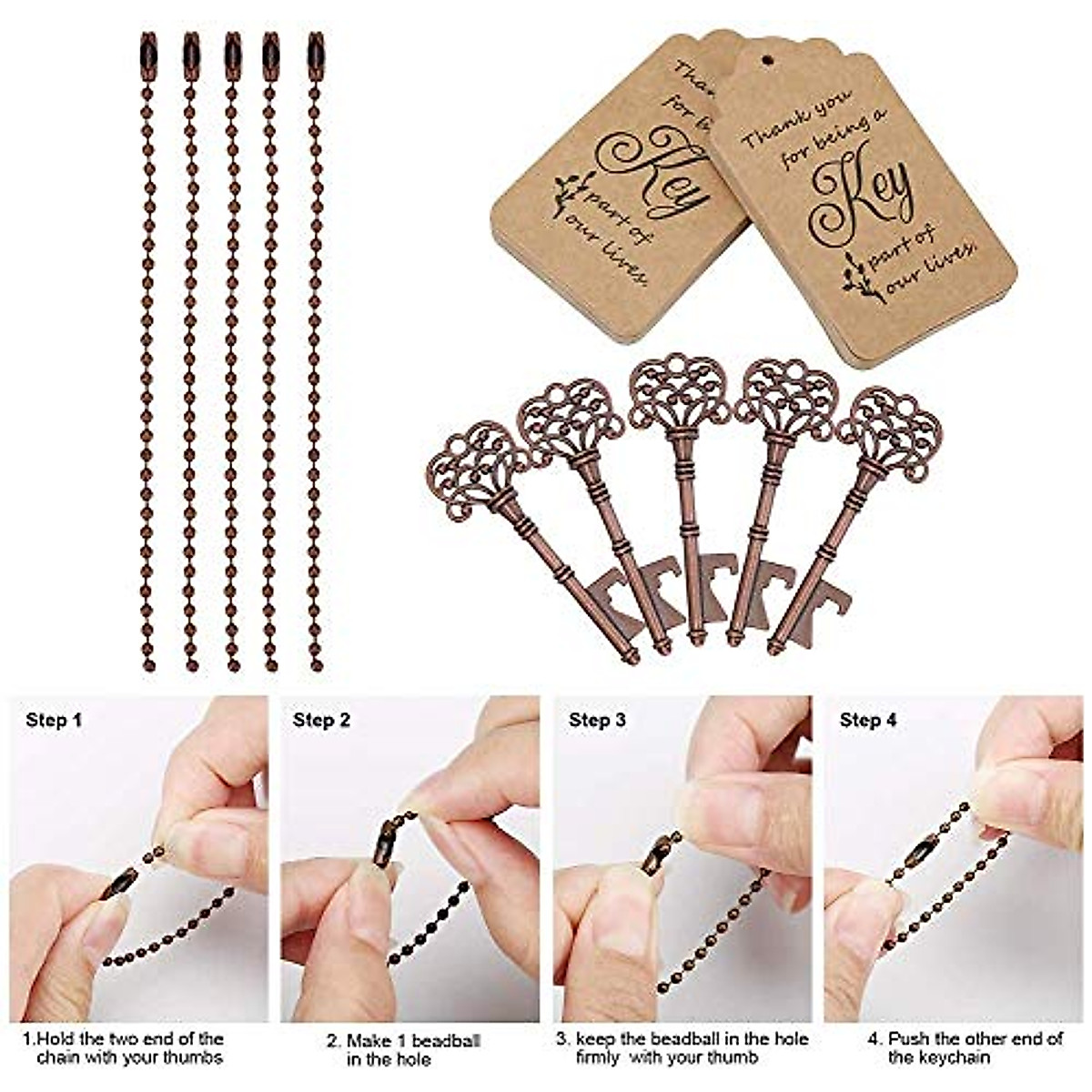 WODEGIFT 60 PCS Key Bottle Openers,Vintage Skeleton Key Bottle Opener with Escort Card Tag and Key Chains,Wedding Party Favor Souvenir Gift(Red Copper