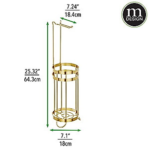 mDesign Metal Free Standing Toilet Paper Holder Stand and Dispenser, with Storage for 3 Spare Rolls - for Bathrooms/Powder Rooms - Holds Mega Rolls - Soft Brass