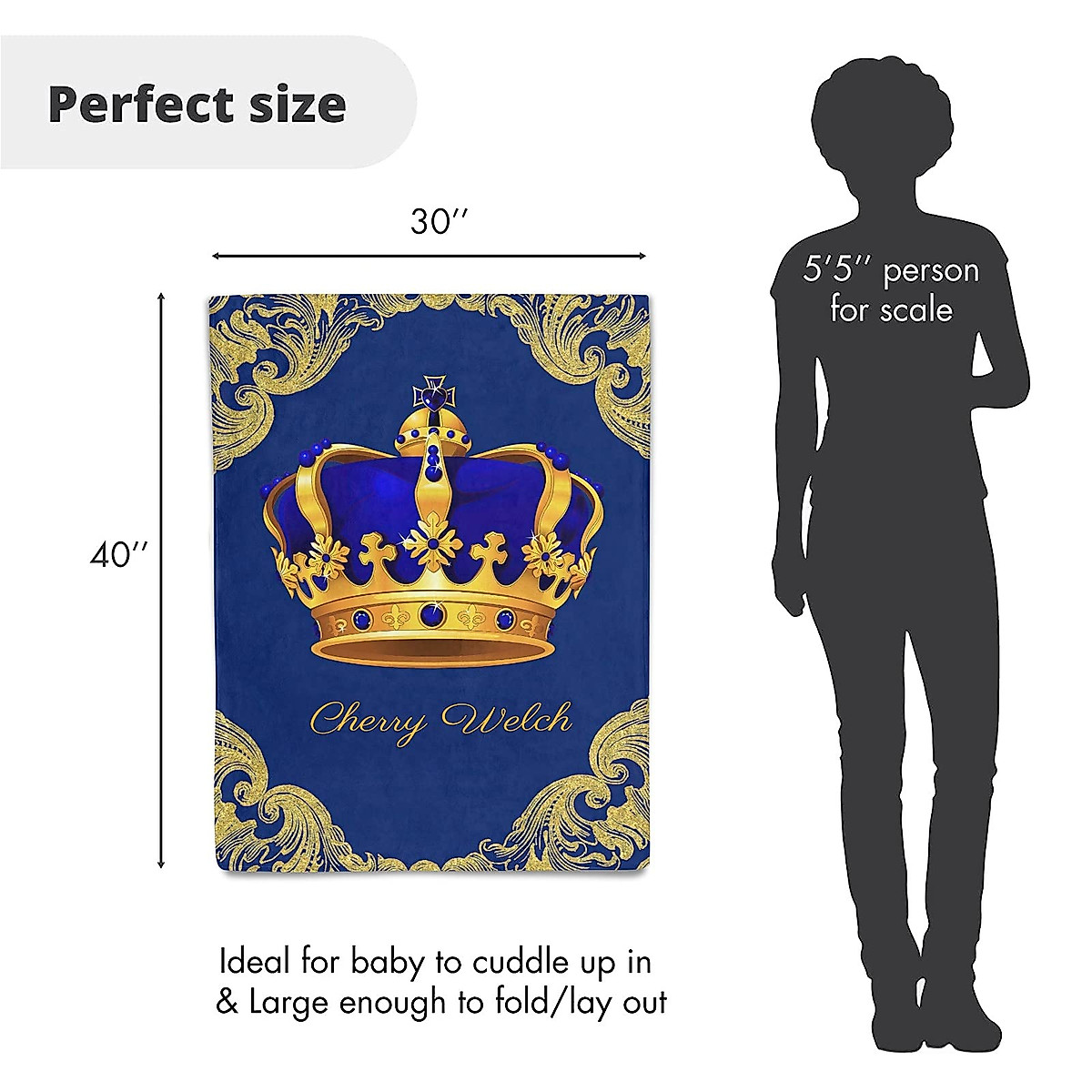 Yeshop Personalized Baby Blanket Blue Golden Crown Custom Nursery Swadding Blankets 30x40 Inches for Baby Boy Girl with Name Baby Shower Birthday Gift
