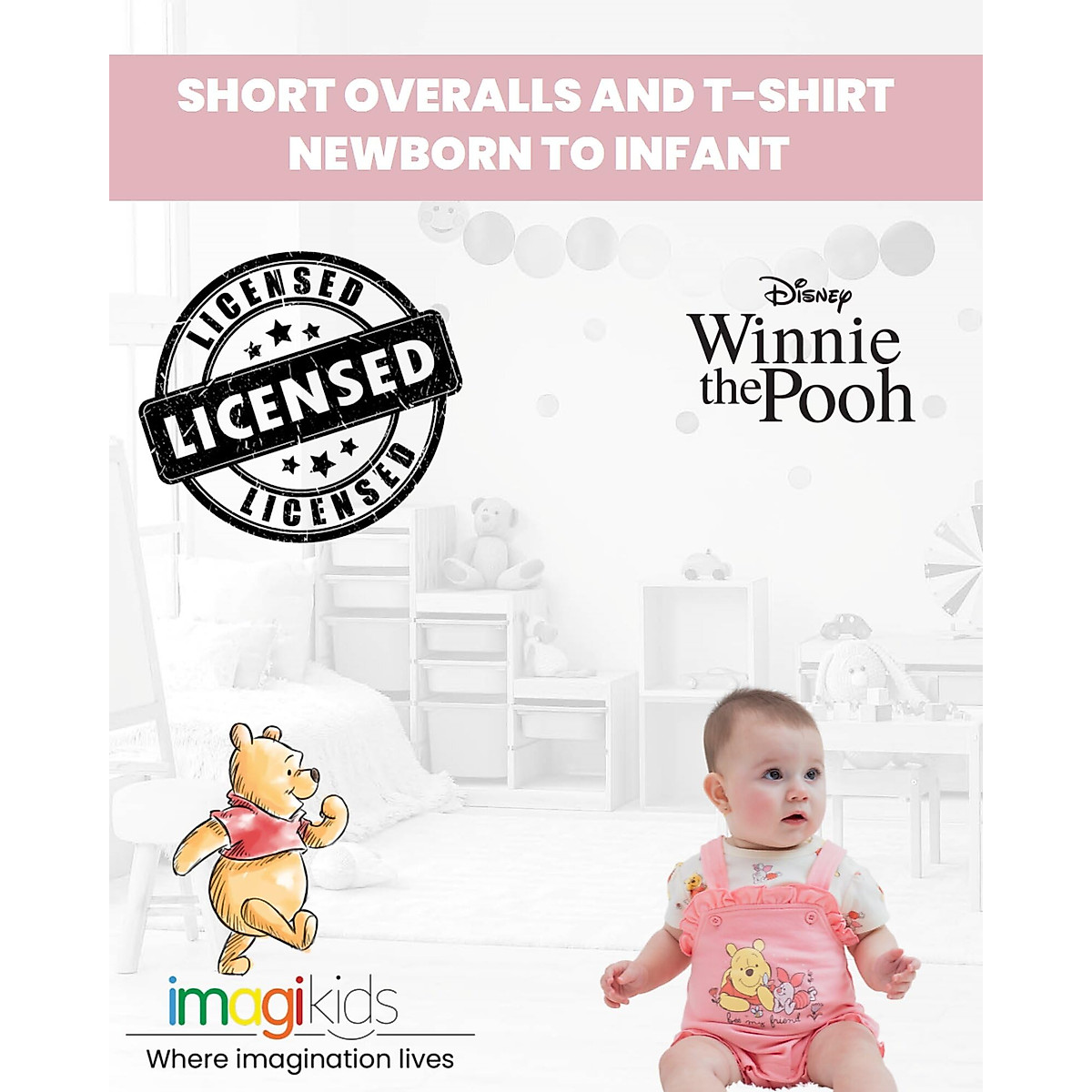 Disney Piglet Winnie the Pooh Newborn Baby Girls French Terry Short Overalls and T-Shirt Pink/White 0-3 Months