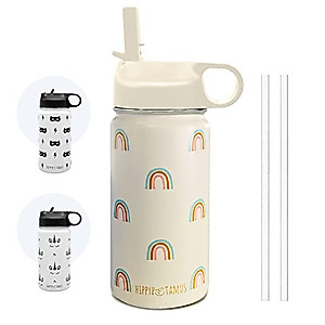 Hippypotamus Kids Water Bottle - Vacuum Insulated Stainless Steel Thermos With Straw Lid & Spout For Toddlers - 14 oz (Rainbow)