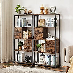 VECELO Bookcase with Doors/Drawers, Industrial 4-Tier Bookshelf Display Shelf Storage Cabinet for Books, Photos, Decorations, in Living Room,Bedroom, Home Office, Rustic Brown