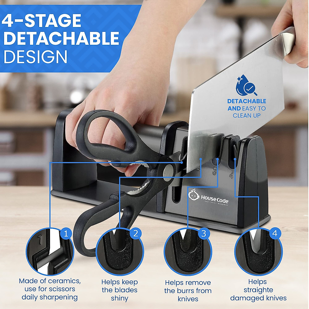 HouseCode Premium TITANIUM Knife Sharpener, 4 in 1 Knife Sharpening with Cut-Resistant Glove, Ergonomic Handle - Sharpen and Polish Kitchen Knives and Scissors, Non-Slip Base for Safe Sharpening (9")