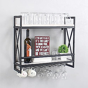 Industrial Wine Racks Wall Mounted with 6 Stem Glass Holder,Rustic Metal Hanging Wine Holder,2-Tiers Wall Mount Bottle Holder Glass Rack,Wood Shelves Wall Shelf Wine Accessories(24in,Vintage White)