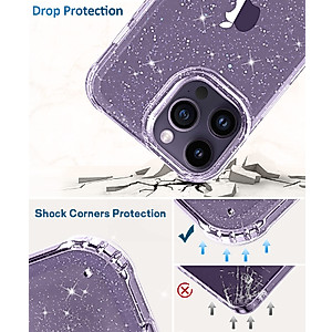 MIODIK for iPhone 14 Pro Case with Screen Protector + Camera Lens Protector, [Non-Yellowing] Clear Glitter Phone Case, Shockproof Protective Women Cute Bumper Cover for 6.1 Inch - Sparkle Clear