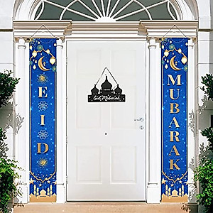 Eid Mubarak Porch Sign Banner Ramadan Mubarak Hanging Decoration, Eid Mubarak Banner Front Door Hanging Sign Indoor/Outdoor Decorations