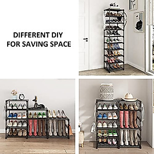 Plzlove Narrow Shoe Rack for Entryway 10 Tiers, Tall Vertical Shoe Organizer 21-24 Pairs Black Large Metal Shoe Shelf, Stackable DIY Corner Shoe Stand Tower for Closets and Small Place with Hooks