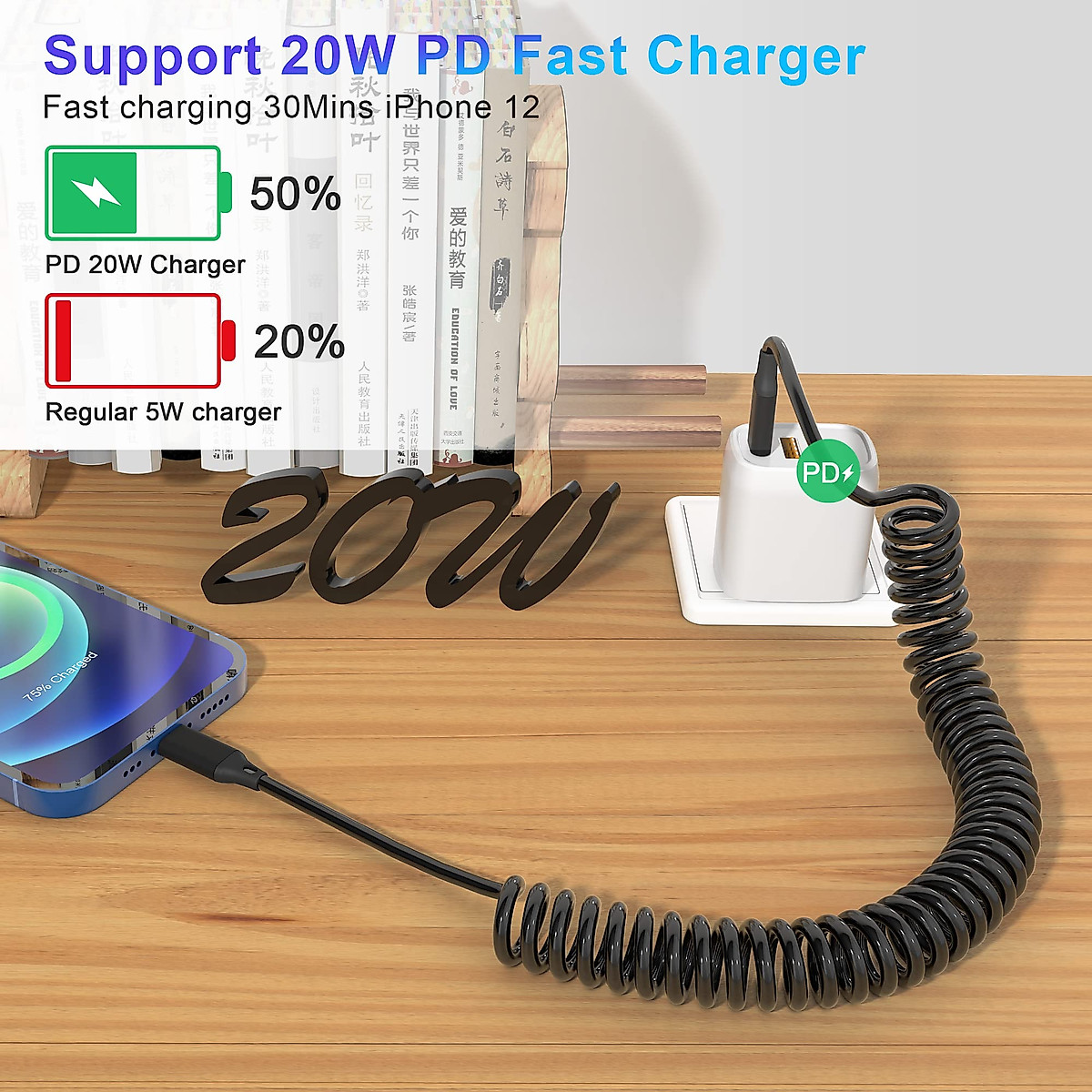 Bawanfa Coiled USB-C to Lightning Cable - MFi Certified Retractable USB C iPhone Cord - Short Charging Cable for Car Compatible with iPhone 13 12 11 Pro Max XR XS X (CarPlay Compatible)