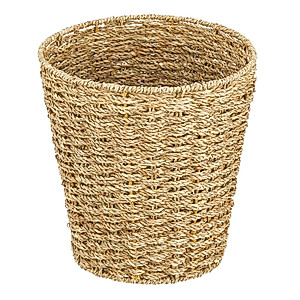 mDesign Seagrass Waste Basket Boho Double Woven Trash Can - Small Round Natural Wastebasket Garbage Bin for Bathroom Essentials - Natural Finish