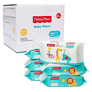 Fisher Price Baby Wipes Unscented, Hypoallergenic, Water Baby Diaper Wipes for Newborn and Sensitive Skin - Resealable Top - 80 Count (Pack of 6) - 480 wipes
