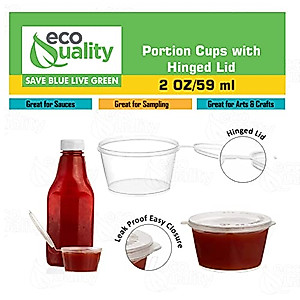 EcoQuality [100 PACK 2 Oz Leak Proof Plastic Condiment Souffle Containers with Attached Lids - Portion Cup with Hinged Lid Perfect For Sauces, Samples, Slime, Jello Shot, Food Storage & More!