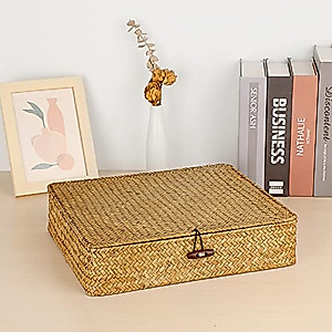 Hipiwe Flat Wicker Storage Basket Bins With Lid Large Seagrass Woven Shelf Basket Rectangular Home Decor Oraganizer Basket Boxes for Closet Bathroom Shelf Organizing, Caramel