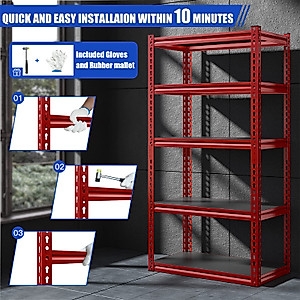 REIBII 72"H Garage Shelving Heavy Duty Storage Shelves Adjustable Garage Storage Shelves 1750LBS 5 Tier Metal Shelving Unit for Storage Shelving Storage Rack 72"H x 16.8"D x 31.8"W Red Black 2 Pack
