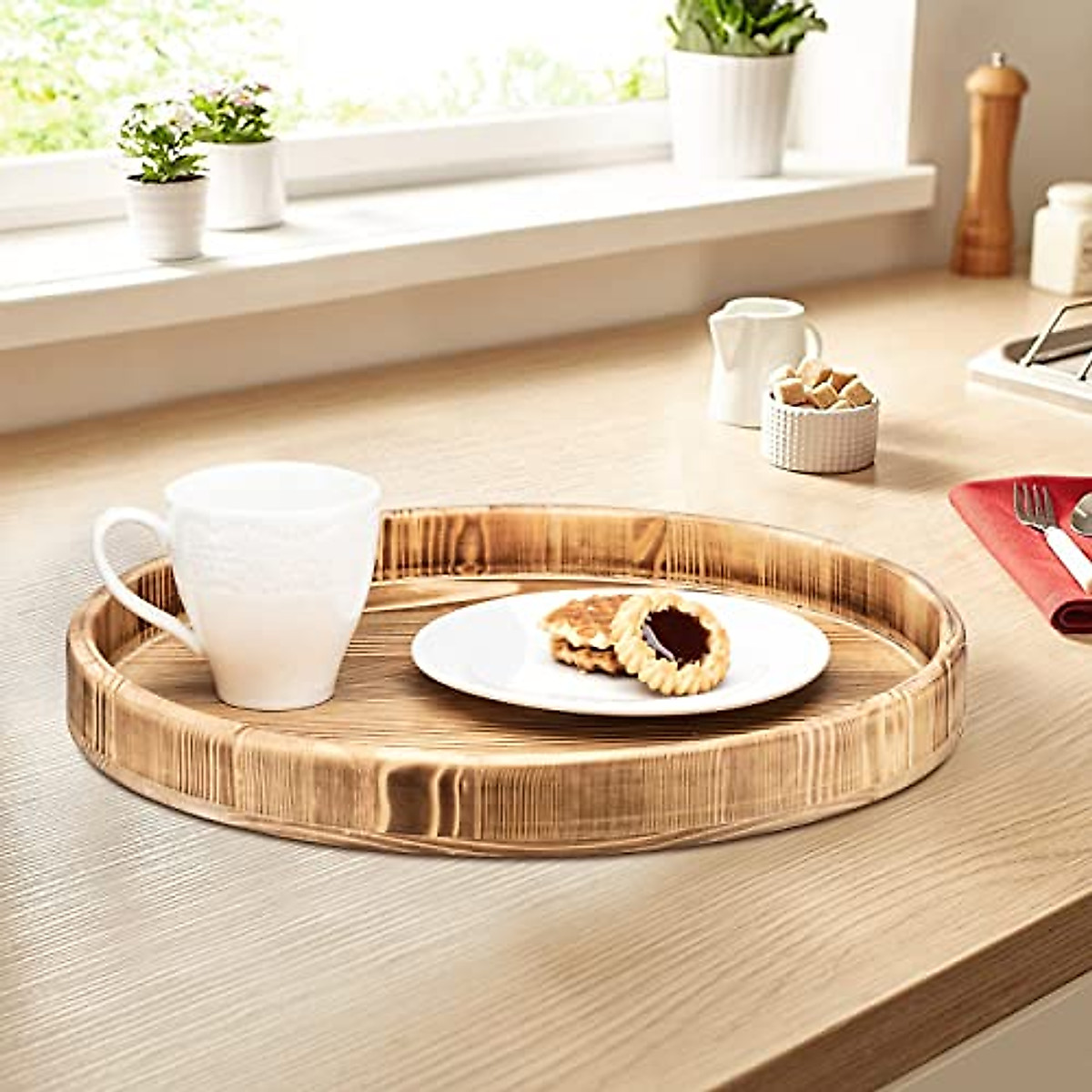 13 Inches Large Solid Wooden Serving Tray Round Tea Coffee Table Tray Snack Food Meals Serving Plate Kitchen Party Bar Server Breakfast Tray with Raised Edges Ottoman Tray Nature Wood