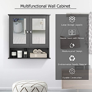Salches Wall Mounted Bathroom 2 Mirrored Doors, Over-Toilet Hanging w/Shelves, Wooden Storage Organizer Medicine Cabinets, Grey