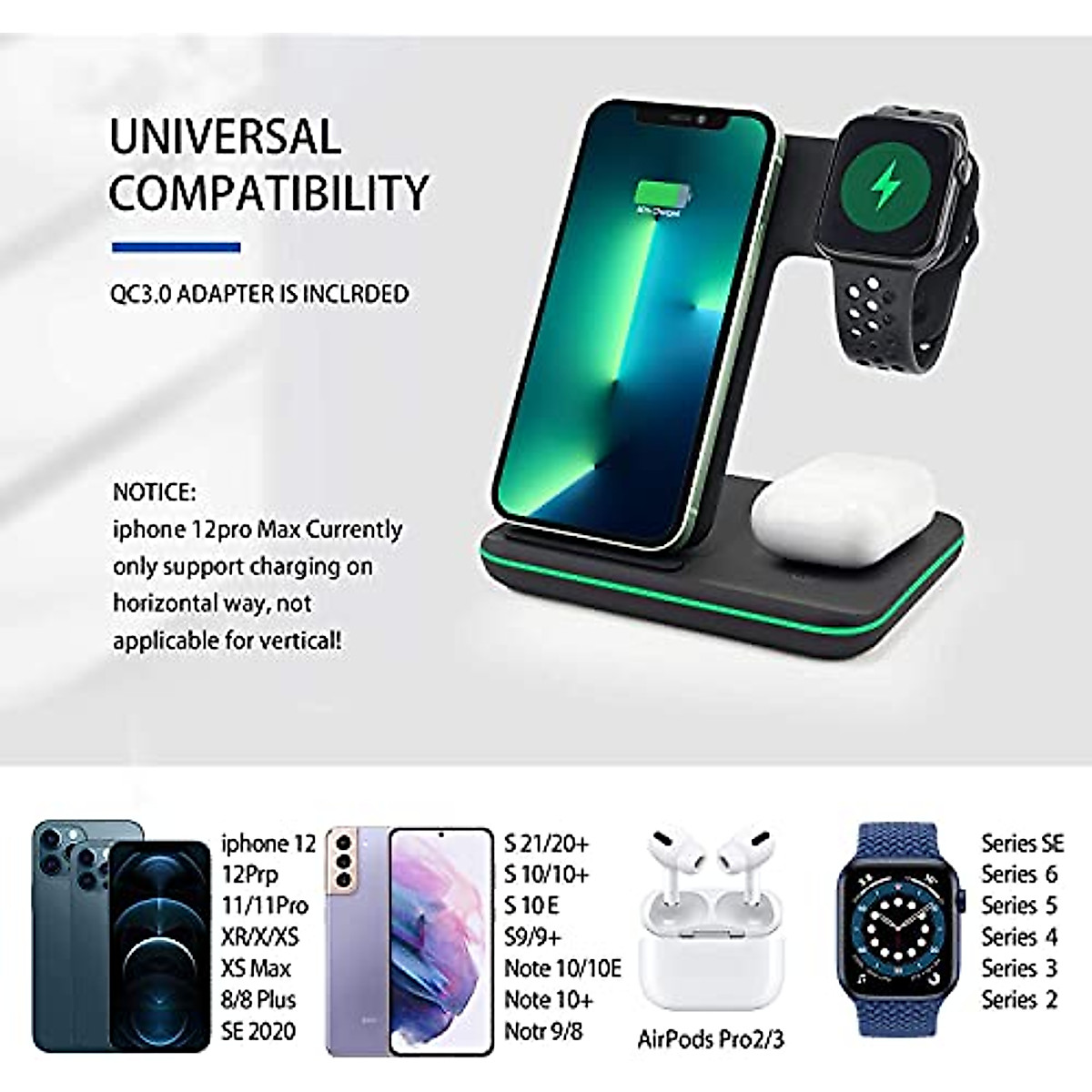 Wireless Charger, 3 in 1 Qi Certified 15W Fast Wireless Charging Station for Apple iWatch Series 7/SE/6/5/4/3/2,AirPods 2/Pro, Compatible for iPhone 13/12/11 Series/XS MAX/XR/XS/X/8/8 Plus/Samsung