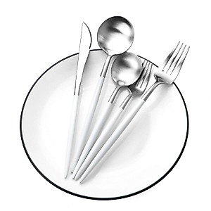 Gugrida White Silver Flatware, Royal 20-Piece Matte White Handle 18/10 Stainless Steel Tableware Sets for 4 Including Forks Spoons Knives, Camping Silverware Travel Utensils Set Cutlery (White Silver)