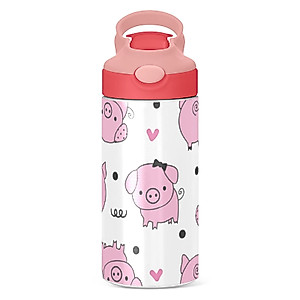 Cute Pig Kids Water Bottle, Vacuum Insulated Stainless Steel, Double Walled Leakproof Tumbler Travel Cup for Girls Boys Toddlers, 12 oz