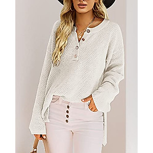 Saodimallsu Women's Oversized Sweaters Batwing Long Sleeve Loose V Neck Button Henley Tops Pullover Knit Jumper White