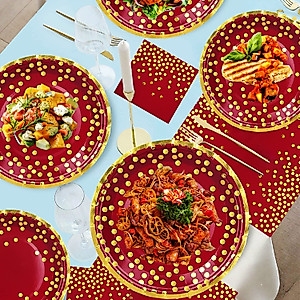 50 Pcs Burgundy and Gold Party Supplies,Gold Dot Party Tableware Set 9"&7"Burgundy Paper Plates Gold Dot Plates,Burgundy and Gold Party Decorations for Birthday Wedding Anniversary Graduation Decor