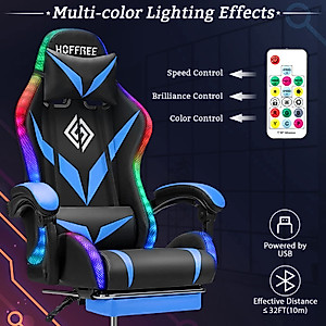 Gaming Chair with Massage and LED Lights Ergonomic Video Game Chairs with Footrest High Back Reclining Computer Chair with Adjustable Lumbar Support Blue and Black