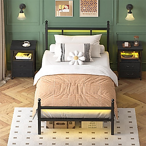 Fixwal Twin Bed Frame with Charging Station, Metal Bed Frame with Port and Outlet, Black