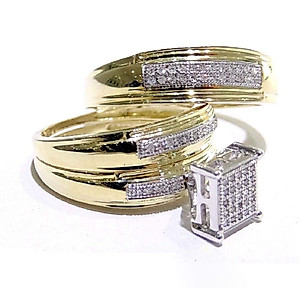 Rosie Collection Round Cut D/VVS 1 Diamond Men's Women's Matching Wedding Ring Set 14K Gold Over His Her Trio Ring Set Women's Size 10 & Men's Size 10