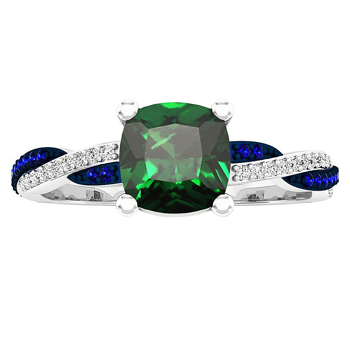 Dazzlingrock Collection 6 MM Cushion Lab Created Emerald with Round Blue Sapphire & Diamond Women Engagement Ring | 14K White Gold, Size 7.5
