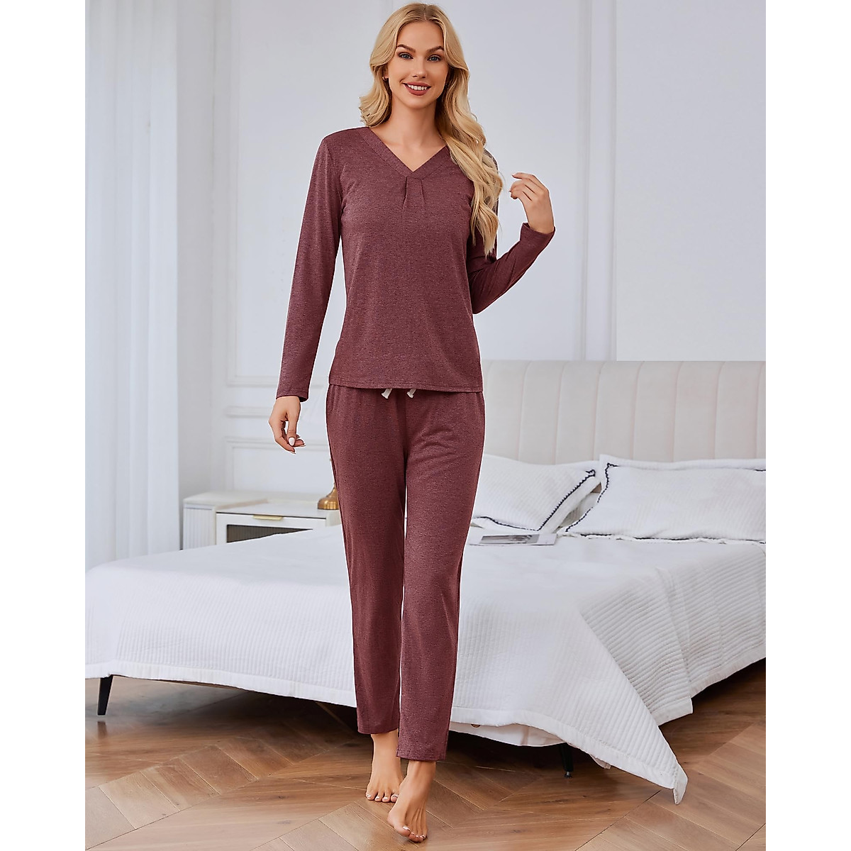 difficort Women's Pajama Sets Long Sleeve Lounge Sets Pjs Sleepwear with Pockets,Maroon,X-Large