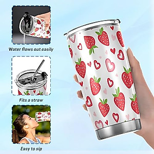 HXshaoye Strawberry Country style Valentines Stainless Steel travel coffee cups Leak-proof Lid and Straw coffee mug spill proof for hot and cold drinks modern coffee travel mug 20 oz vaso para agua