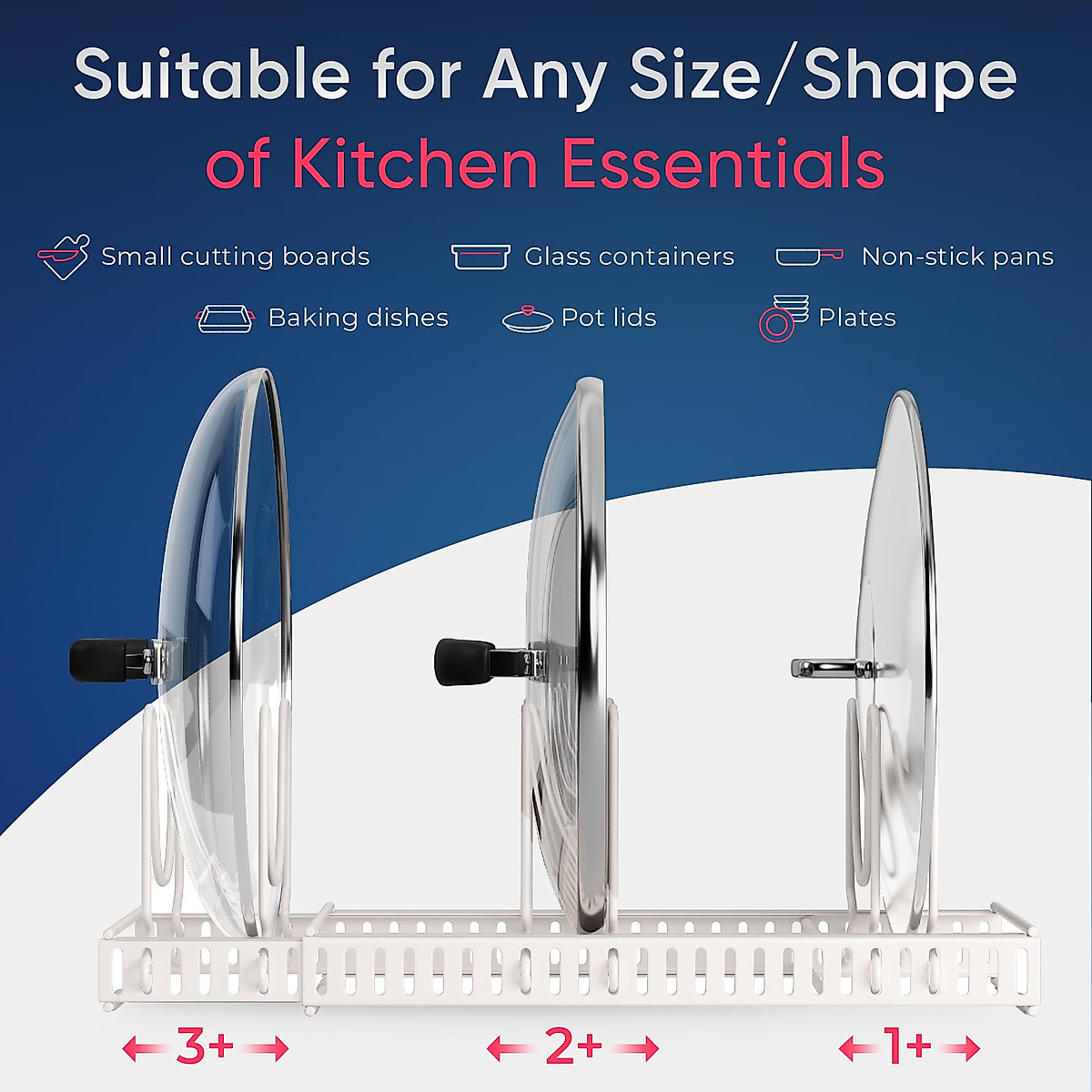 Better Things Home 12+ Expandable Pan and Pot Lid Organizer Rack for Cabinet, Pot Lid Holder Pot Organizers Inside Cabinet, Pots and Pans Organizer Under Cabinet (Off White, LID ORGANIZER)