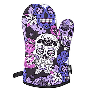 Oven Mitts Co. Sugar Skull Purple, Oven Mitts and Pot Holder 3pcs Set, Insulated, 100% Cotton