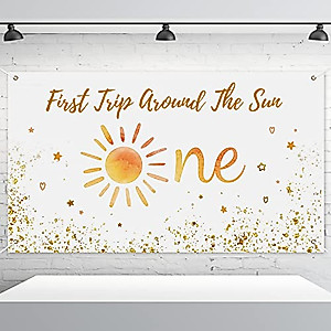 Boho Sun First Trip Around The Sun Backdrop First Birthday Photography Backdrop Sunshine Banner for Baby Shower Sun Theme Boys Girls 1st Birthday Party Photo Background Decoration Supplies