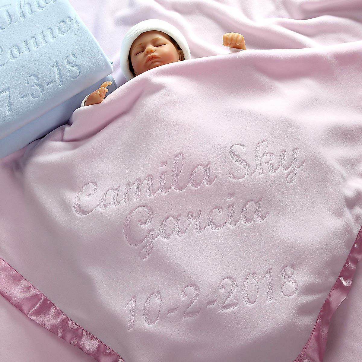 Custom Catch Personalized Baby Blanket, Pink or Blue, Boy or Girl Unisex Gift for Newborn or Infant (Multi-line Text)