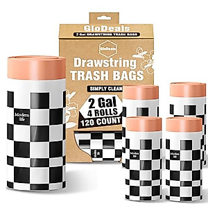 2 Gallon Trash Bags, GloDeals Small Trash Bag/Drawstring Garbage Bags, 120 Count Wastebasket Liners Durable Small Trash Bags for Bathroom, Kitchen, Bedroom, Office, Unscented, Individual Design