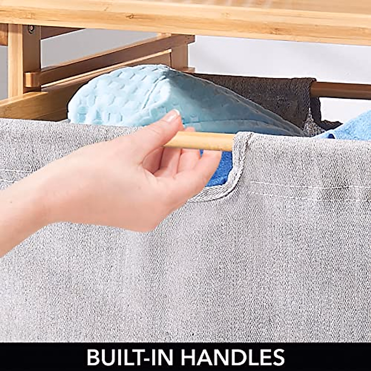 mDesign Bamboo Freestanding Laundry Hamper Basket Table - Storage Shelves for Folding Clothes and Organizing Detergent, Fabric Softener, Bleach, Dryer Sheets - Echo Collection - Natural