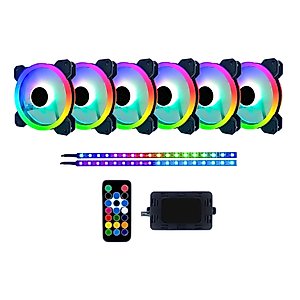 Apevia TL612L2S-RGB Twilight 120mm Silent Dual-Ring RGB Color Changing LED Fan w/Remote Control, 28x LEDs & 8X Rubber Pads w/ 2 LED Strips (6+2-pk)