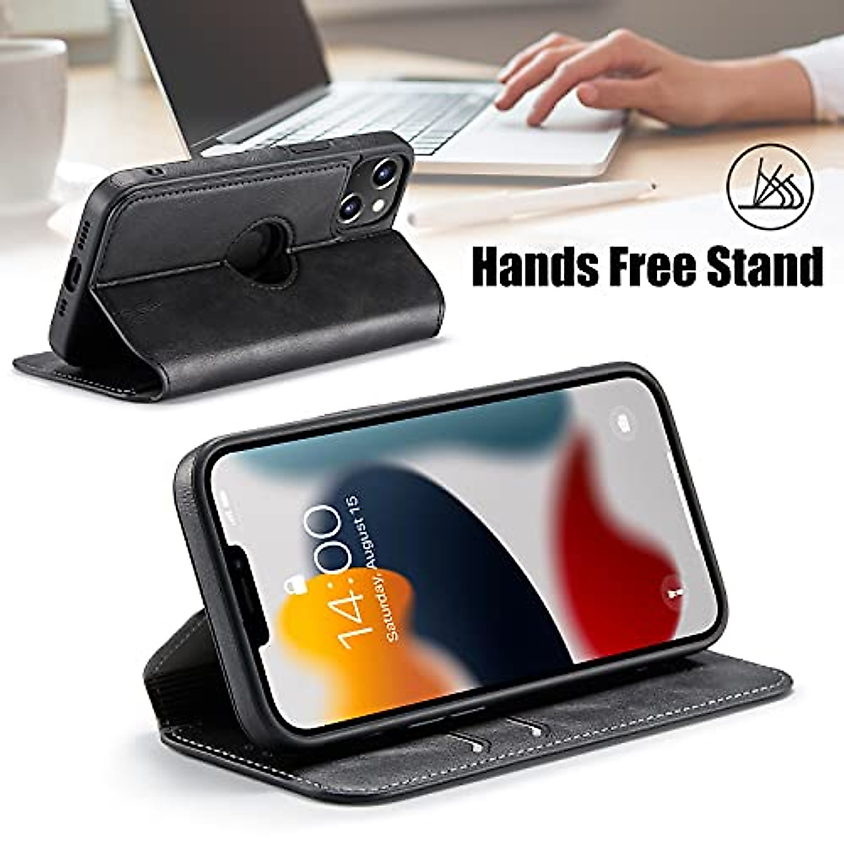 Casus Logo View Compatible with iPhone 13 Wallet Case Slim Magnetic Flip Cover Faux Leather with Card Holder Slot Thin Kickstand (2021) 6.1" (Black)