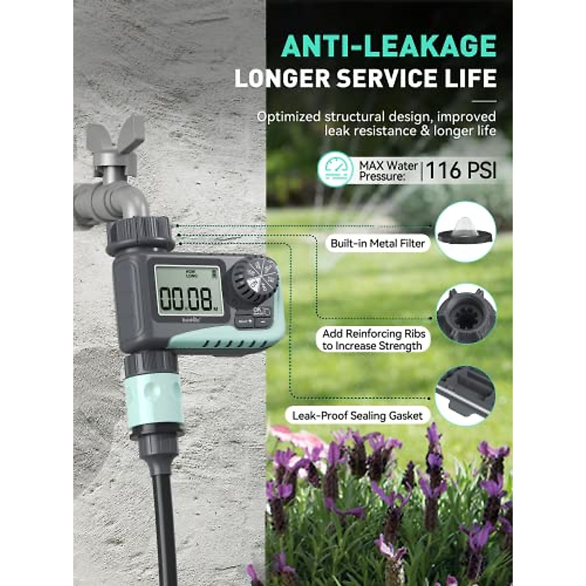 RAINPOINT Sprinkler Timer, Programmable Water Timer for Garden Hose, Outdoor Hose Timer with Rain Delay/Manual Watering System, Digital Irrigation Timer System for Yard, Lawns, 1 Outlet